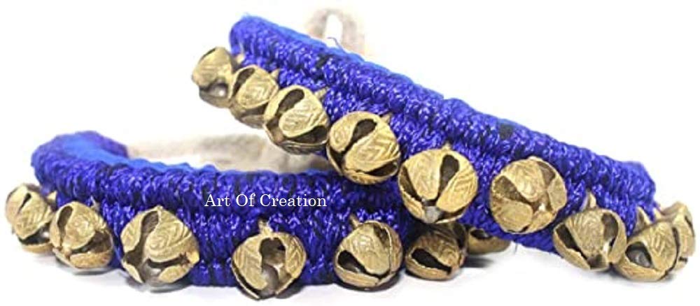 Art of Creation Kathak Dancing Ghungroo Anklet Pair 1 Line Big Indian Classical Dancers Musical Instrument Bharatnatayam Ghungru (Blue Paded 1 Line 20 Bell)