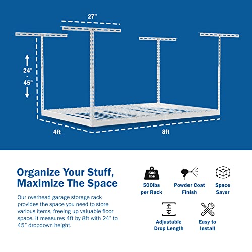 MonsterRax Overhead Garage Storage Rack- 4 x 8 Ceiling Rack for Garage Shelving, Organization, & Storage, Adjustable Hanging Storage for Bikes, Equipment & Accessories (White, 24"-45", 2-Pack).