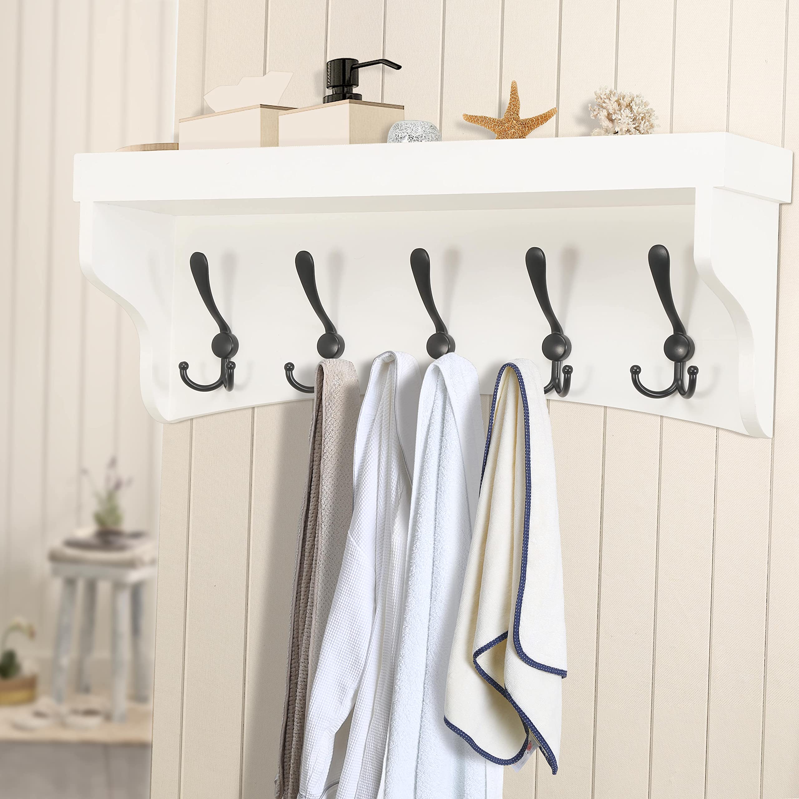 Dseap Coat Rack Wall Mounted Shelf with 5 Tri Hooks 24-Inch Heavy Duty Wood Entryway Shelf with Hooks, Coat Hanger Shelf, White & Black