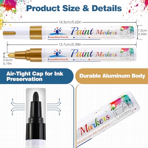 FooMoTech White Paint Pen Paint Markers - Permanent Acrylic Markers 2 Pack, Oil Based, Medium Tip, Quick Dry, Wateproof Paint Markers for Rock, Fabric, Metal, Wood, Plastic, Canvas, Leather, Glass
