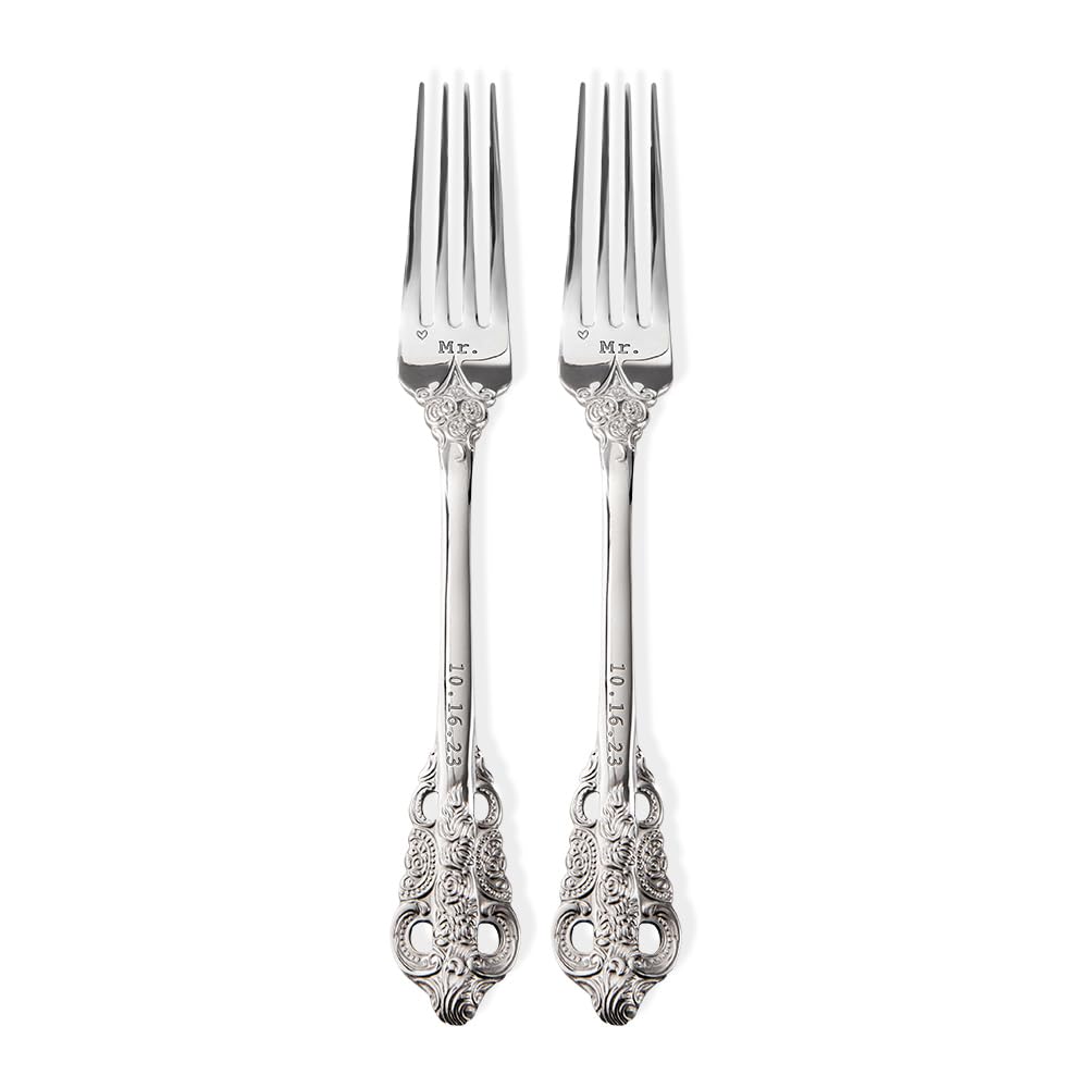 callie Personalized Wedding Forks Mr Mrs Engraved with Date Set of 2, Vintage Custom Silver Silverware for Desert Cake, Anniversary Engagement Bridal Party Cutlery Gifts for Couples