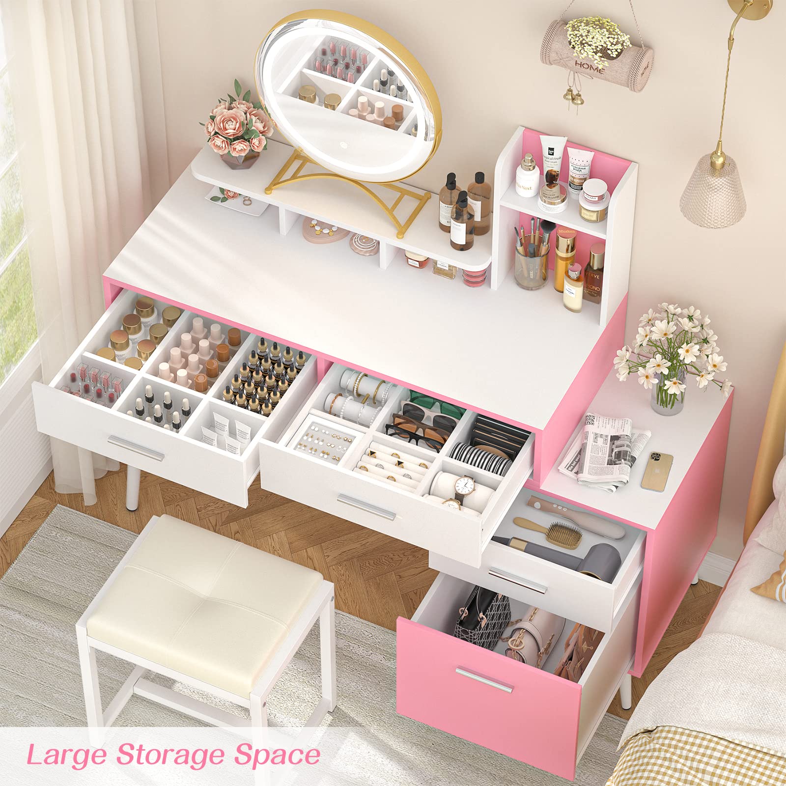 armocity 45 Inches Vanity Desk with Lights, Bright Color Makeup Vanity Table Set with Mirror, Large Dressing Table with Stool for Bedroom, Bathroom, Small Space, 3 Adjustable Lighting Modes, Pink