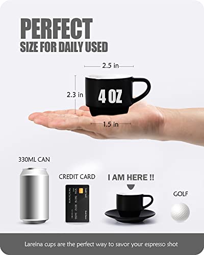Lareina Porcelain Stackable Espresso Cups with Saucers, Spoons and Metal Stand 4 Ounce Small Cappuccino Coffee Cups Set of 6 - Ceramic Demitasse Cups for Nespresso Lungo, Double Espresso, Black