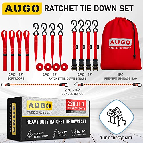 AUGO Ratchet Straps Heavy Duty 4 Pack -15 FT - 2200 LB Break Strength β Ratchet Tie Down Straps with Safety Lock S Hooks - Cargo Straps for Moving, Appliances, Motorcycle β Soft Loop Tie Down Straps