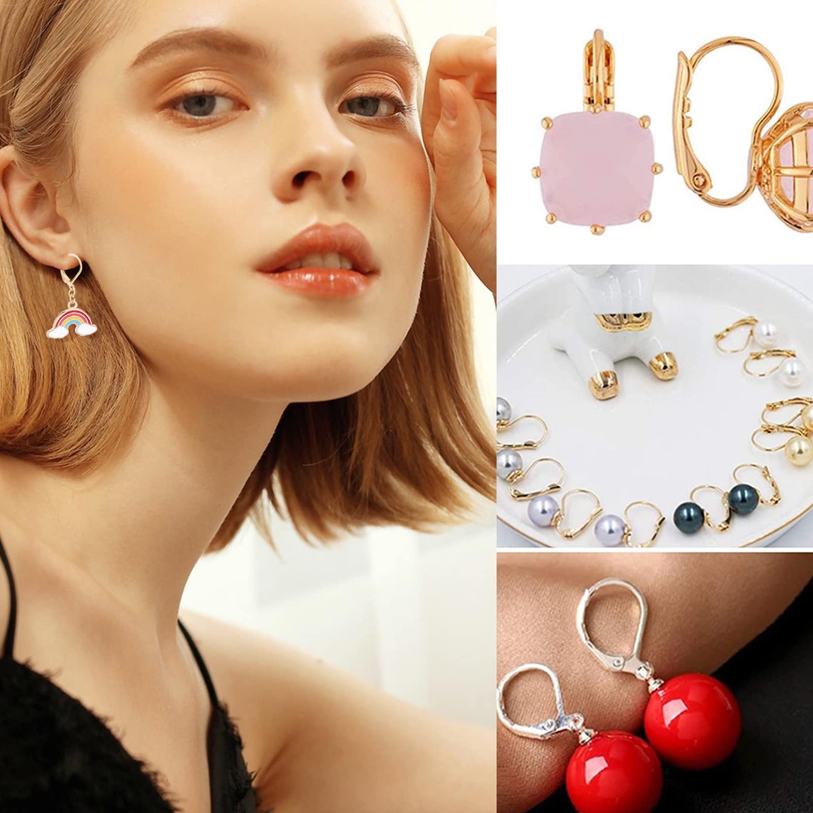 Beebeecraft 1 Box 20Pcs Leverback Earring Findings 18K Gold Plated French Earring Hooks 15.6x10mm Ear Wire Clip Earring Connector with 20Pcs Open Jump Rings for Jewelry Making