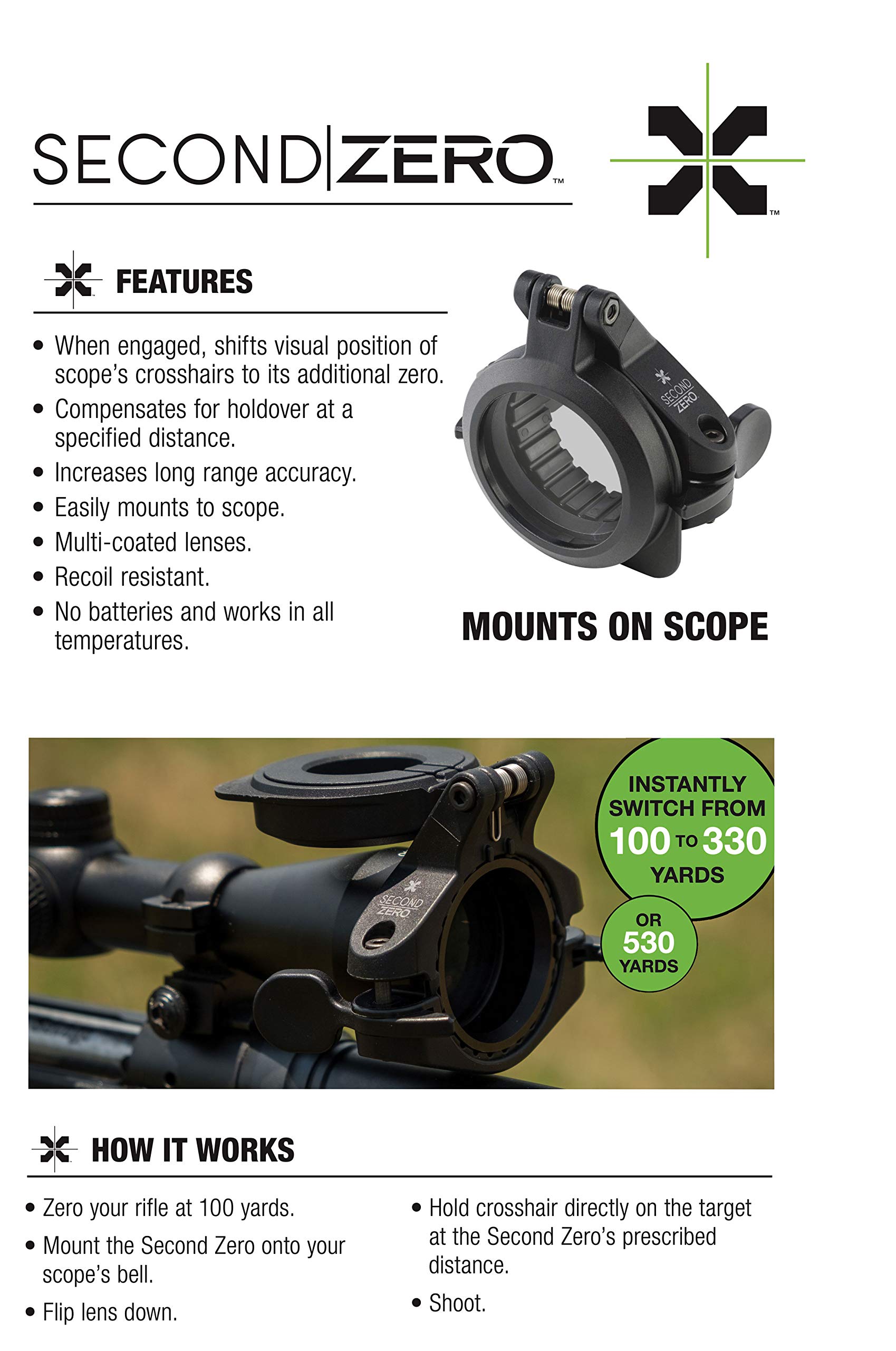 Axeon Optics Second Zero Precision Optical Prism for Hunting Rifle Scopes, 330-Yard Additional Zero (4.3 MOA), 50mm Objective, Bell Mount