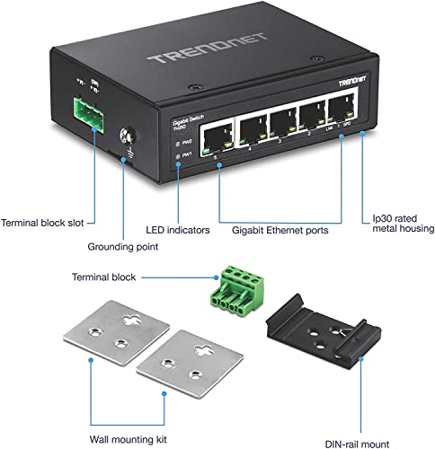 TRENDnet 5-Port Hardened Industrial Gigabit DIN-Rail Switch, 10 Gbps Switching Capacity, IP30 Rated Network Switch (-40 to 167 ºF), DIN-Rail and Wall Mounts Included, Lifetime Protection,Black,TI-G50