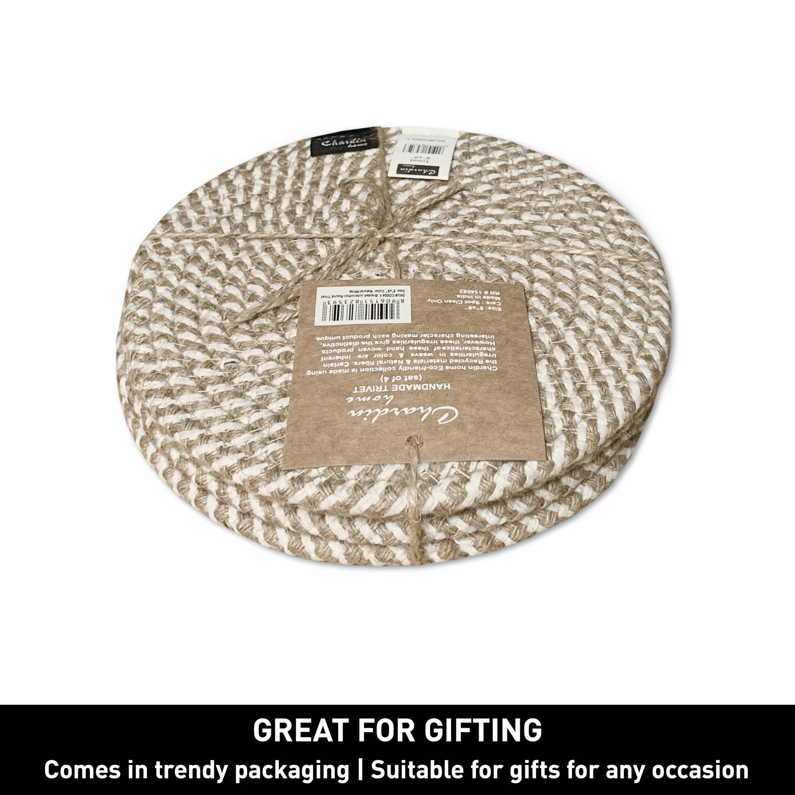 Chardin Home Braided 8 Inch Trivets - Set of 4, Rustic Boho, Absorbent, Heat Resistant Pot Holder for hot Pans, Dishes, Suitable for Table top, Kitchen counters, 100% Natural Sustainable Jute Ropes