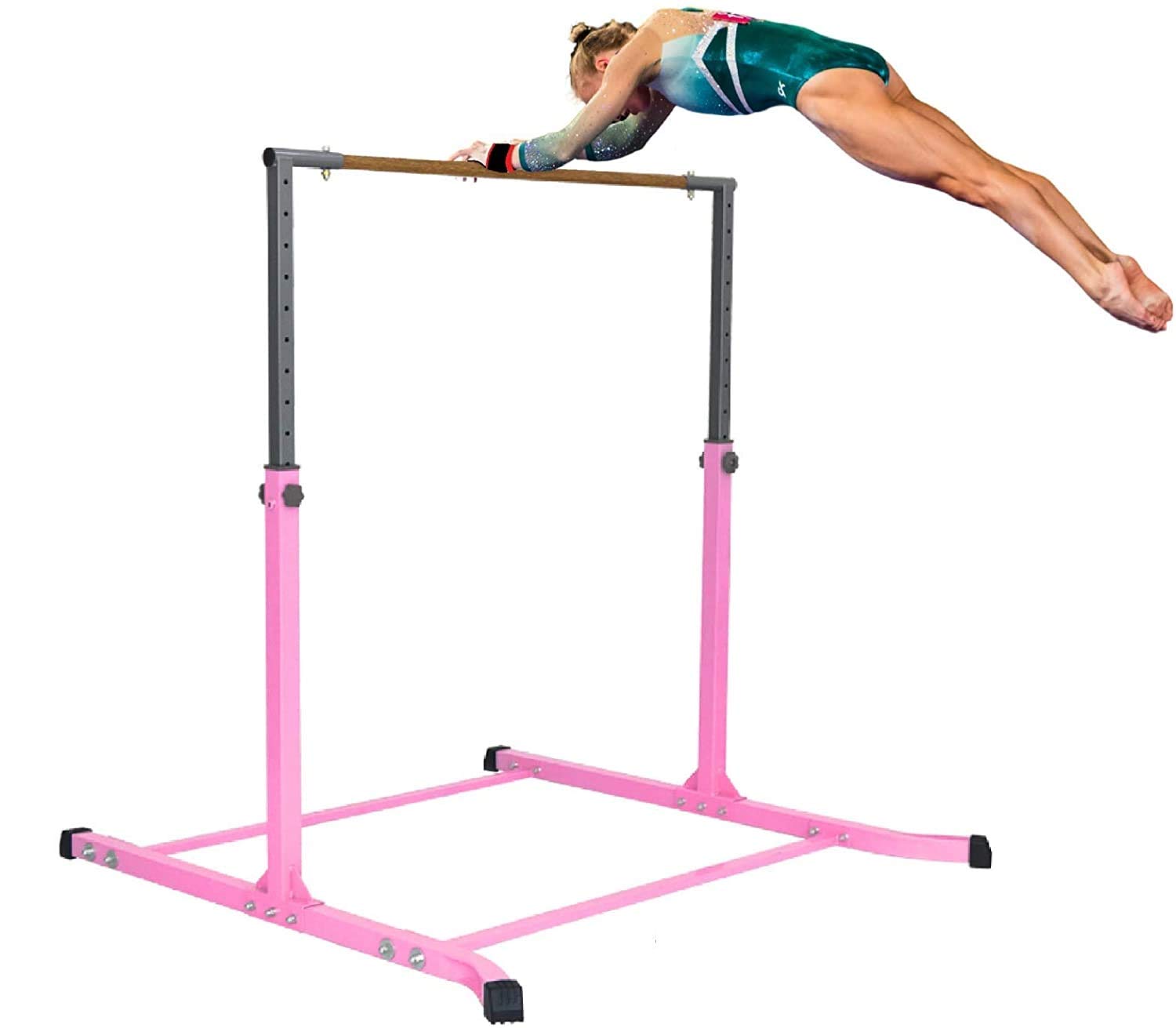 Athletic Bar Expandable Gymnastics Kip Bar Set with Balance Beam, 6'x4' Mat for Kids, Horizontal Bar Junior Gymnastic Training Exercise Gymnast Home Gym Adjustable 3 to 5 FT Fiberglass Rail (Pink)