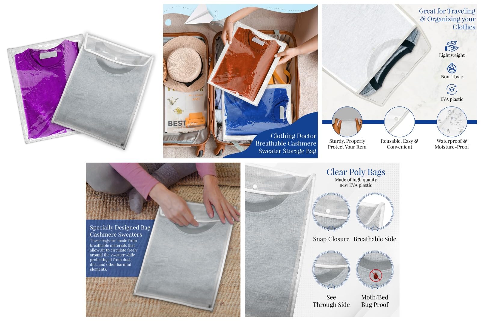 The Clothing Doctor Breathable Cashmere Sweater Storage Bag, Convenient Snap With Flap Closure, Clear Window For Easy Identification, 12.6"x16.2", Pack Of 6, White