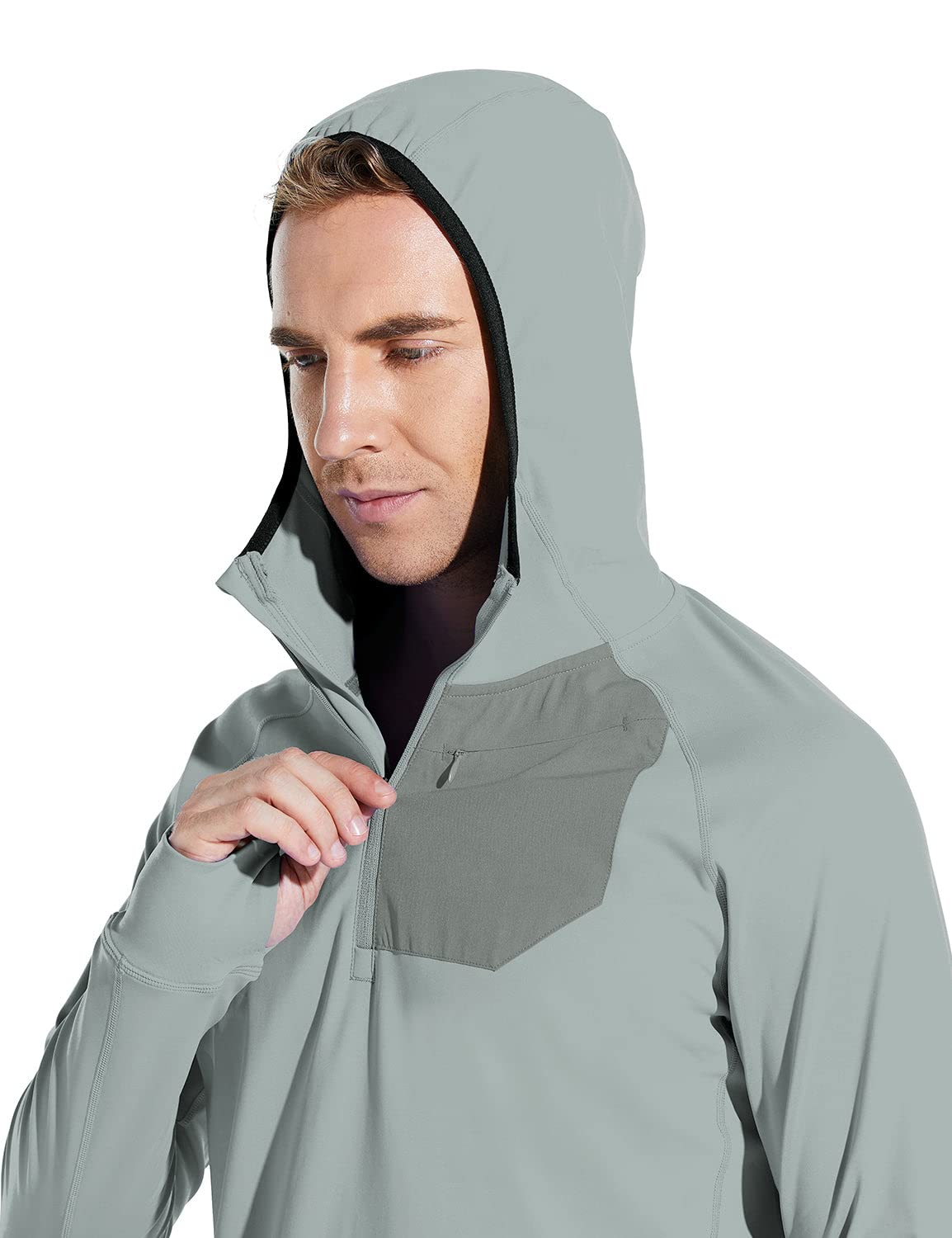 BALEAF Men's Running Jacket Cold Weather Zip Hoodie with Zipper Pocket Long Sleeve Thermal Pullover for Hiking Cycling Light Grey XL
