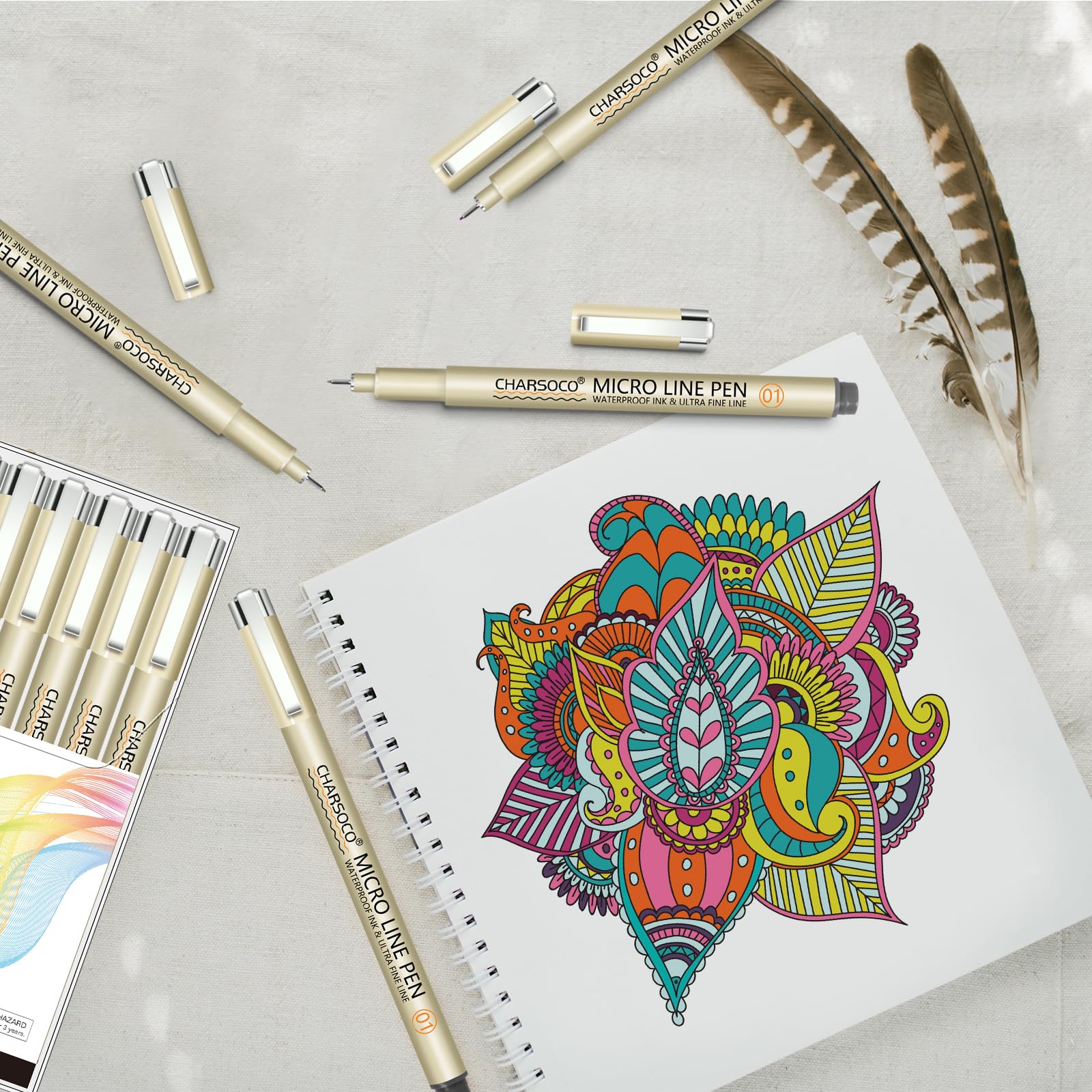 CHARSOCO 01 Micro Pen, Fine Point Pen with 12 Colors, Waterproof Archival Ink, 0.25mm Fineliner Ink Pens for Artist Illustration, Sketching, Anime, Manga, Technical Drawing and Scrapbooking