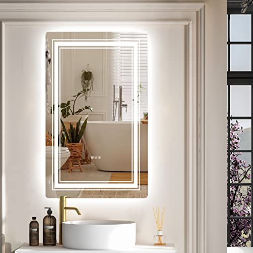 BokiHuk Led Bathroom Mirror with Lights, 40x24 inch Wall Mounted Lighted Vanity Mirror, Makeup Mirror Dimmable Anti-Fog with 3 Colors Light, Waterproof (Backlit & Front-Lighted)