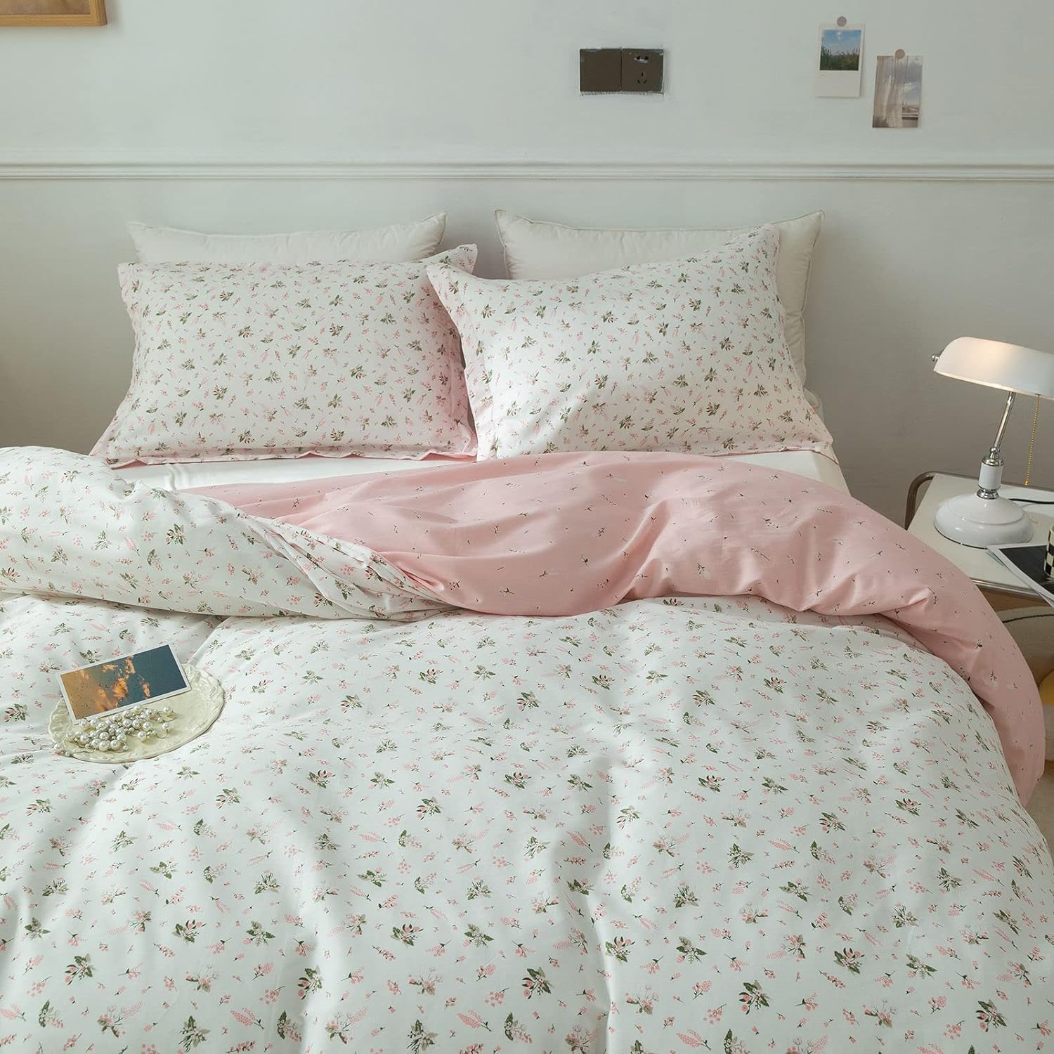 Cotton Floral Duvet Cover Queen Pink White Floral Bedding Sets Vintage Style Garden Floral Comforter Cover Boho Flower Botanical Duvet Cover Girls Women Aesthetic Queen Duvet Cover with Zipper Ties