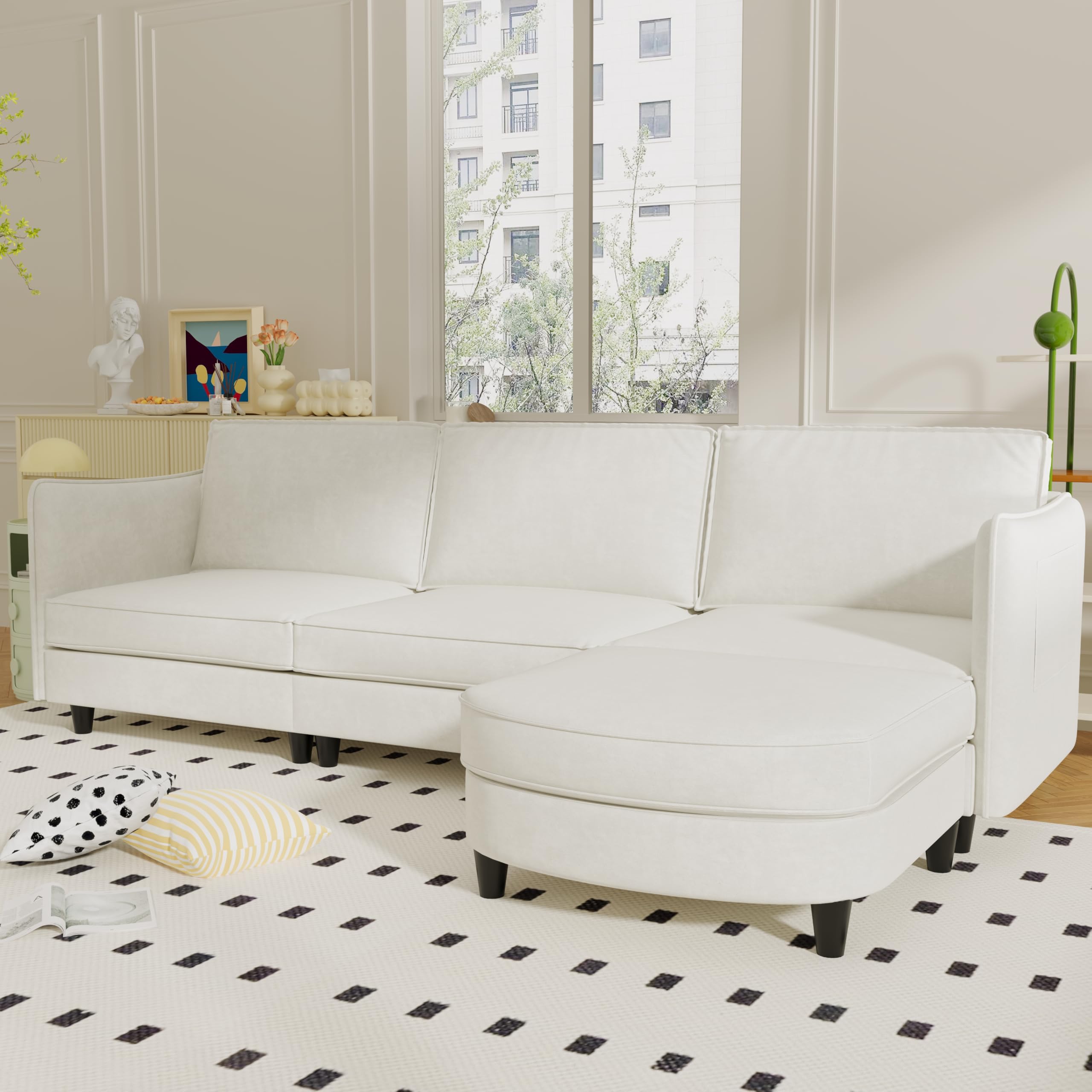 Hommoo Modern Reversible Sectional Sofa Couch for Living Room U Shaped Sectional with 2 Ottomans Comfy Linen Fabric 4 Seat Sofa with Metal Legs Large Modular Sofa Couch with Pillows 143" Beige