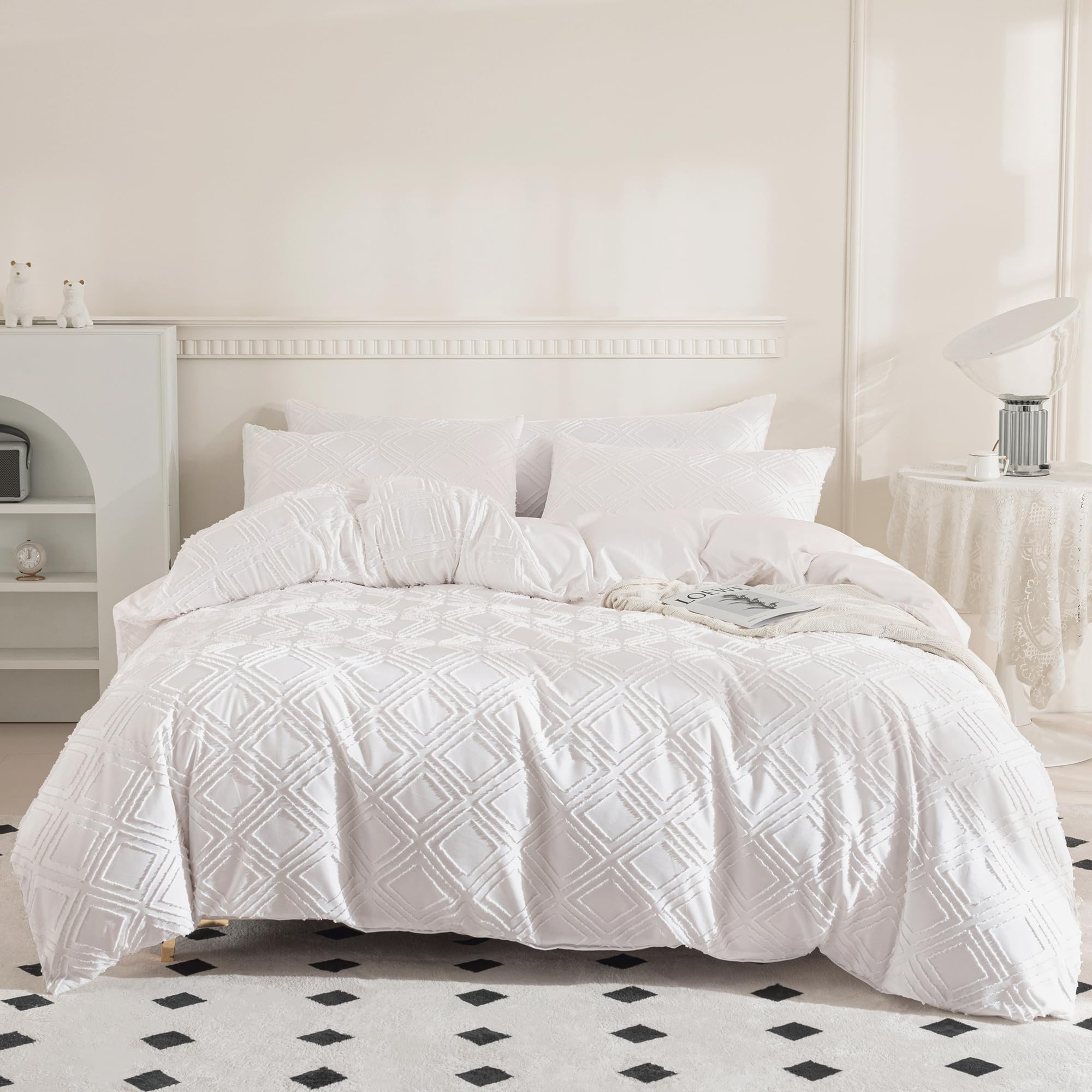 JELLYMONI Bright White Duvet Cover Queen Size - 3PCS Microfiber Tufted Duvet Cover Set, Boho Textured Duvet Cover Jacquard Rhombus Geometric Pattern Duvet Cover with Corner Ties & Zipper Closure
