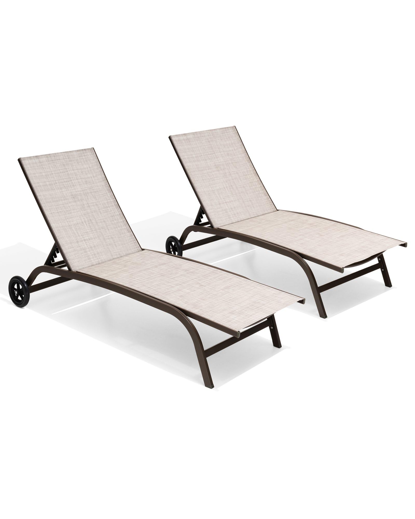Crestlive Products Aluminum Chaise Lounge Chairs with Wheels Outdoor Adjustable Recliner Five-Position and Full Flat All Weather for Patio, Beach, Yard, Pool (2PCS Beige)
