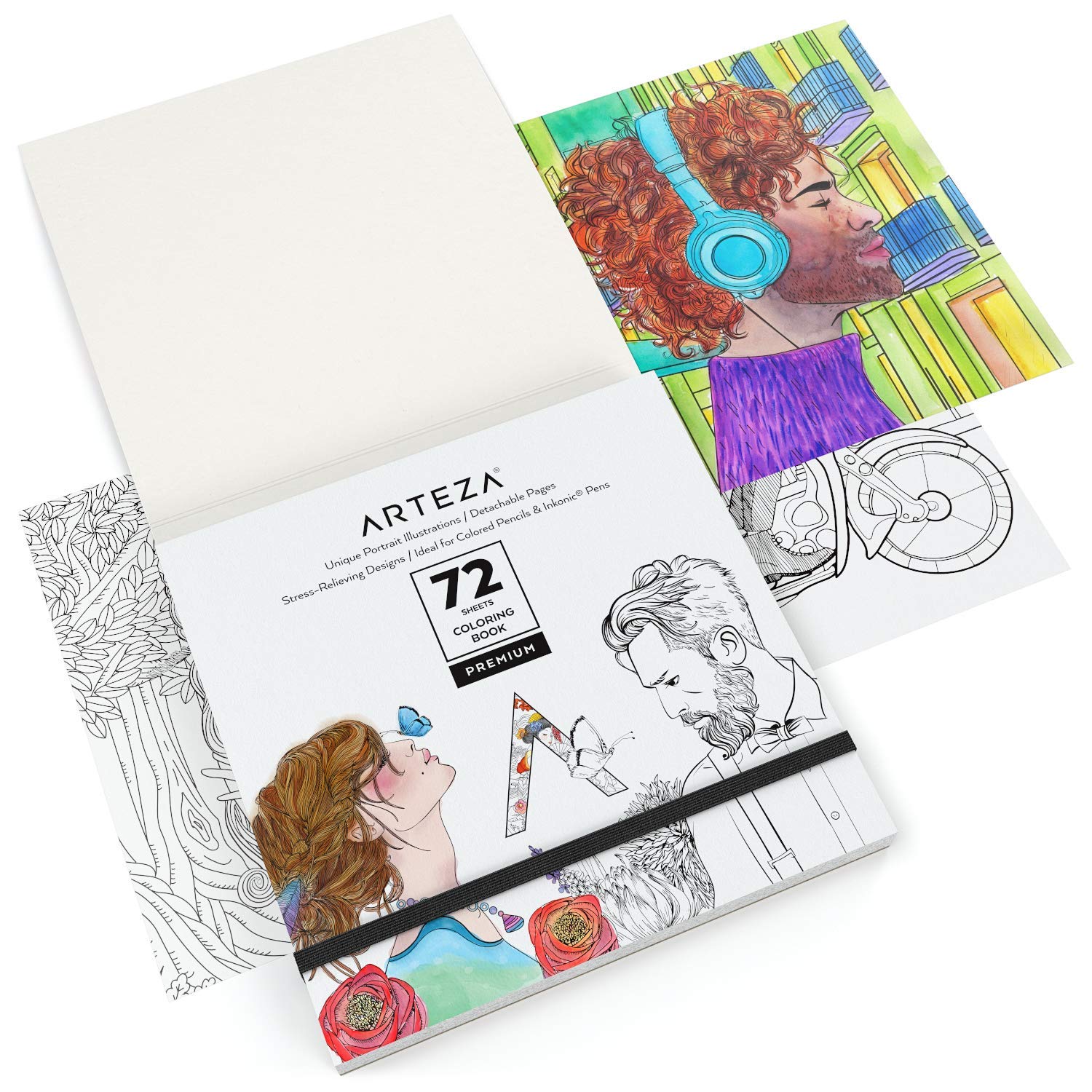 ARTEZA Adult Coloring Book, Portrait Illustrations, 72 Sheets, 6.4x6.4 Inches Coloring Pages, 100 lb Paper