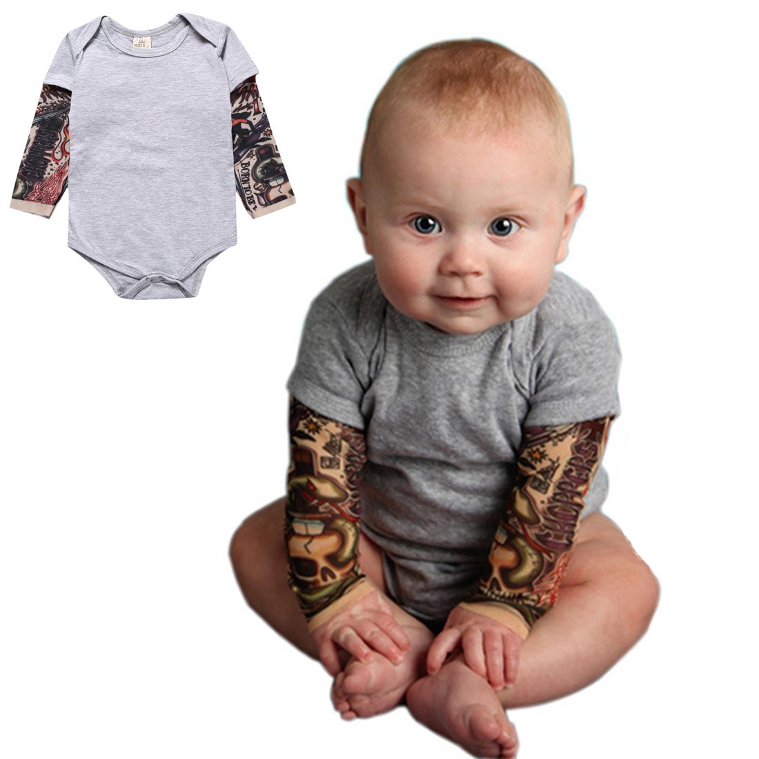 PAUBOLI Fake Tattoo Sleeve Shirt Bodysuit for Baby boy 3-24 Months Gray Black (6-12 Month, Gray)