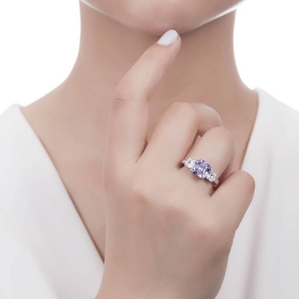 BERRICLE Sterling Silver 3-Stone Wedding Engagement Rings Purple Asscher Cut Cubic Zirconia CZ Statement Cocktail Anniversary Ring for Women, Rhodium Plated Size 4