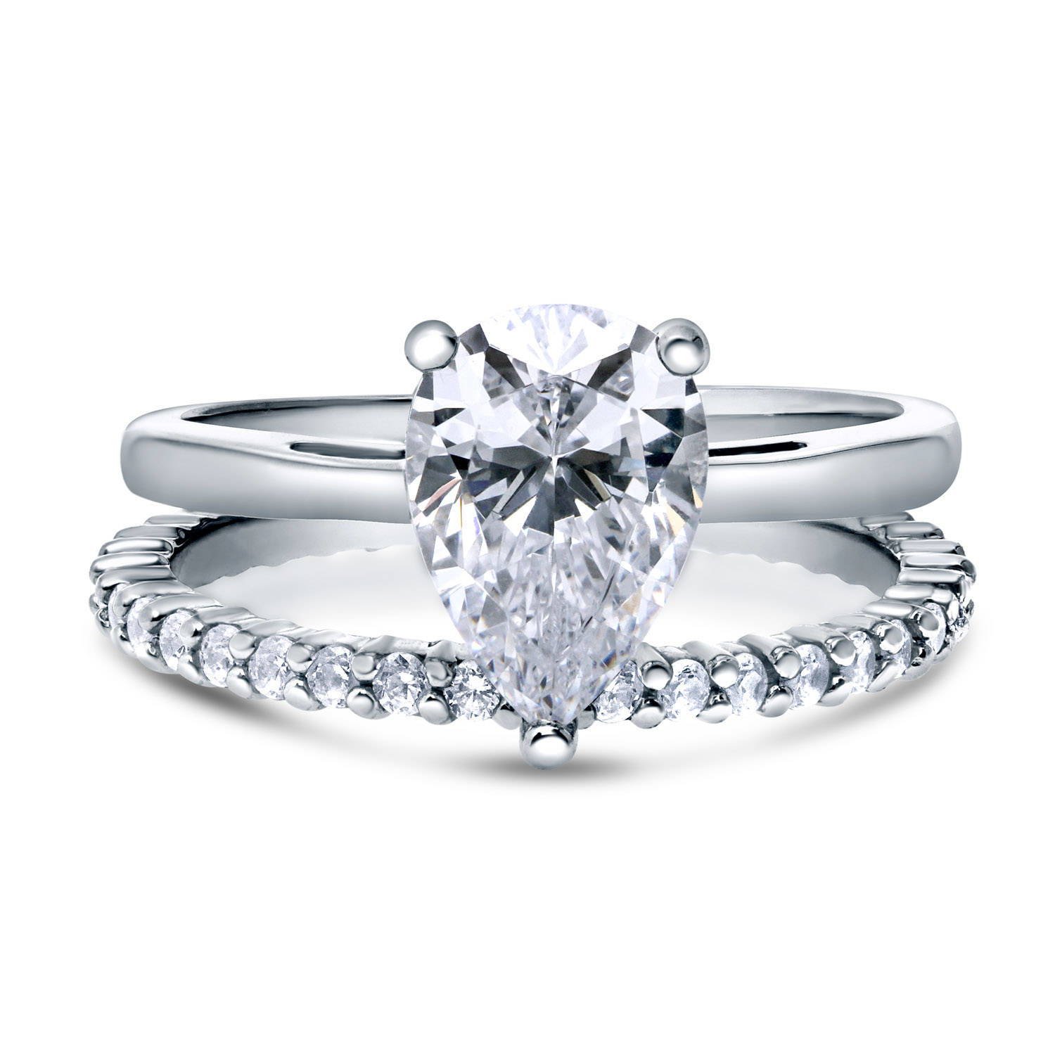 BERRICLE Sterling Silver Solitaire Wedding Engagement Rings 1.8 Carat Pear Cut Cubic Zirconia CZ Ring Set for Women, Rhodium Plated Size 7.5
