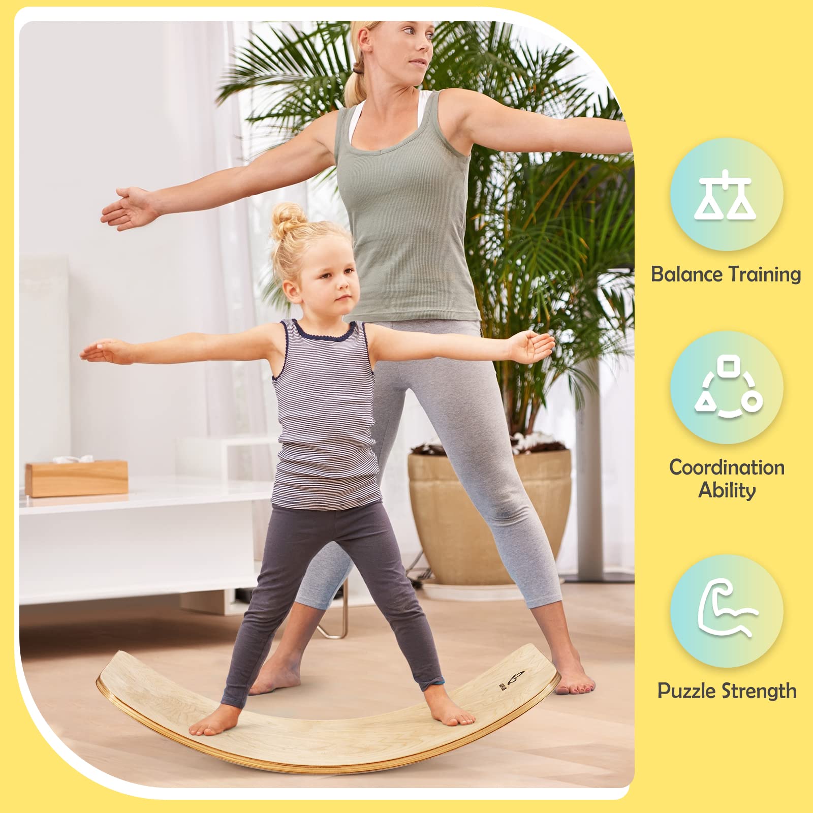 Goplus Wobble Board, 35Inch Wooden Balance Board for Kids & Adults Support 660LBS, Toddler Open-Ended Learning Toy Yoga Curvy Rocker Board for Balance Training, Home Exercise (15.5 INCH Width)