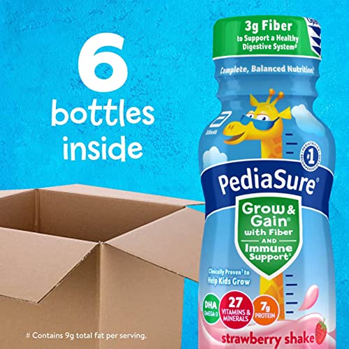 PediaSure Grow & Gain With Fiber, Kids’ Nutritional Shake, With Protein, DHA, And Vitamins & Minerals, Strawberry,8 Fl Oz (Pack of 6)