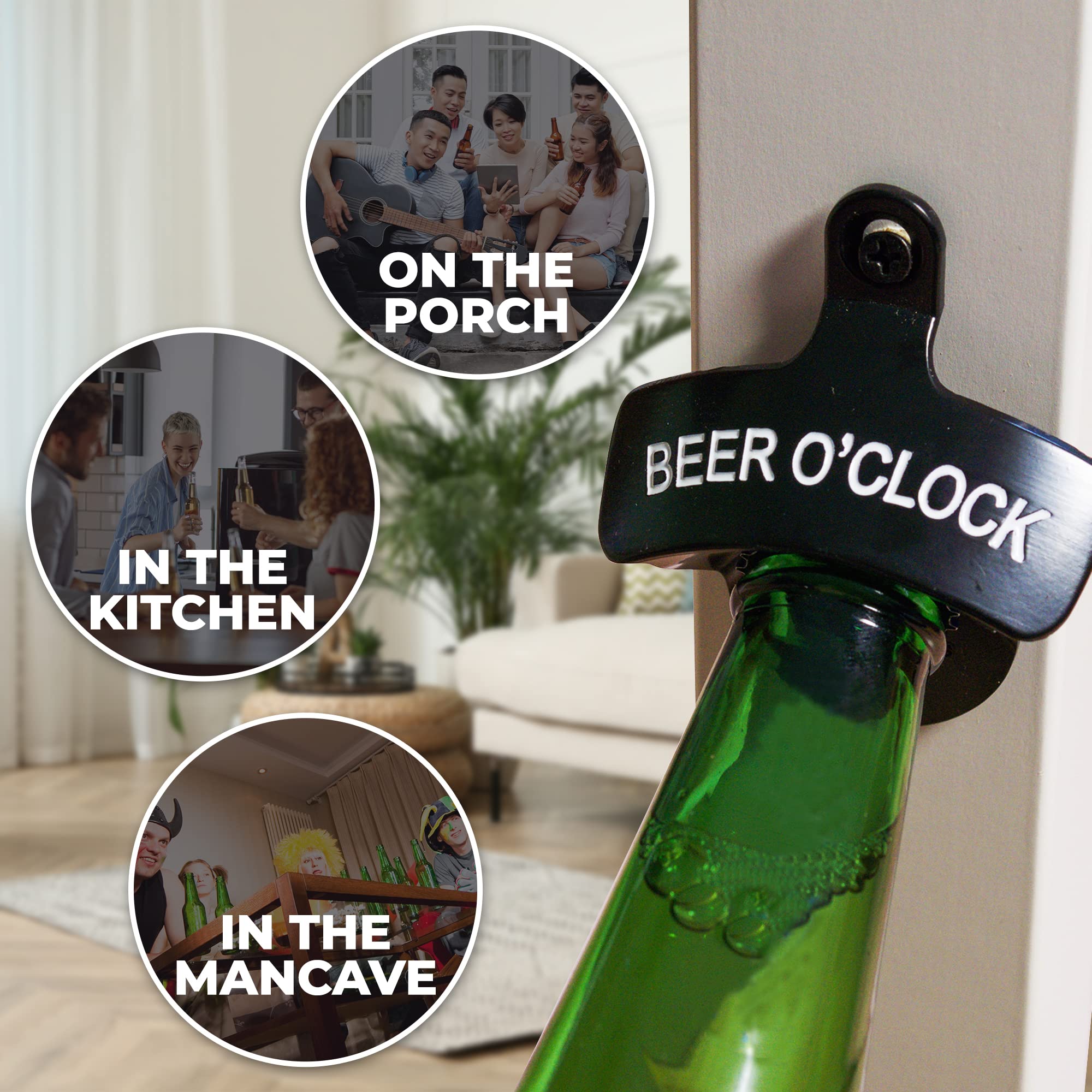 Bottle Opener Wall Mounted - Beer O'Clock Design Bottle Opener - Cool & Funny Wall Bottle Opener - Perfect for Men, Your Dad or Boyfriend & Beer Lovers - Durable Black Wall Mounted Beer Accessories