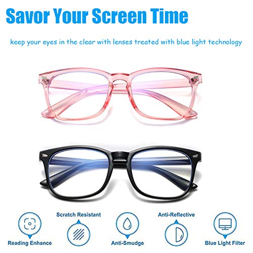 Blue Light Blocking Glasses, OTICALA Computer Screens/Gaming/TV/Smart Phones Anti Eyestrain Glasses for Women Men 2 Pack(Black+Pink)