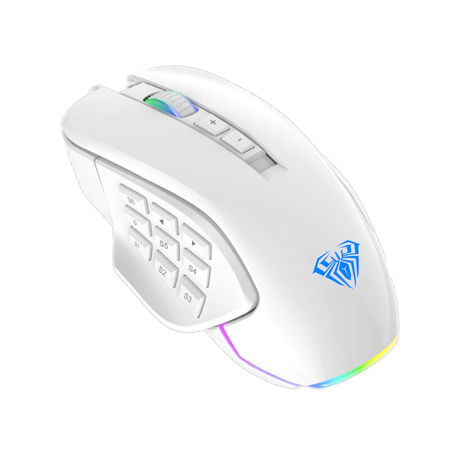 AULA H510 MMO Gaming Mouse with 9 Side Buttons, 10,000 DPI, RGB Backlit Ergonomic Office Games USB Wired Computer Mice, White