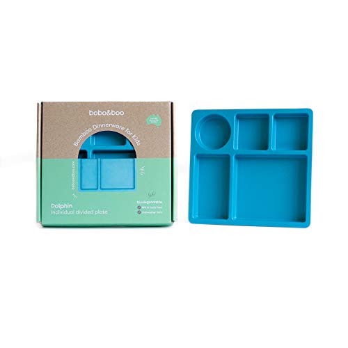 bobo&boo Bamboo Kids Divided Bento Plate, Sectioned Toddler Plate, Children’s Compartment Plates, 5 Portioned Sections, Mix and Match, Dolphin Blue