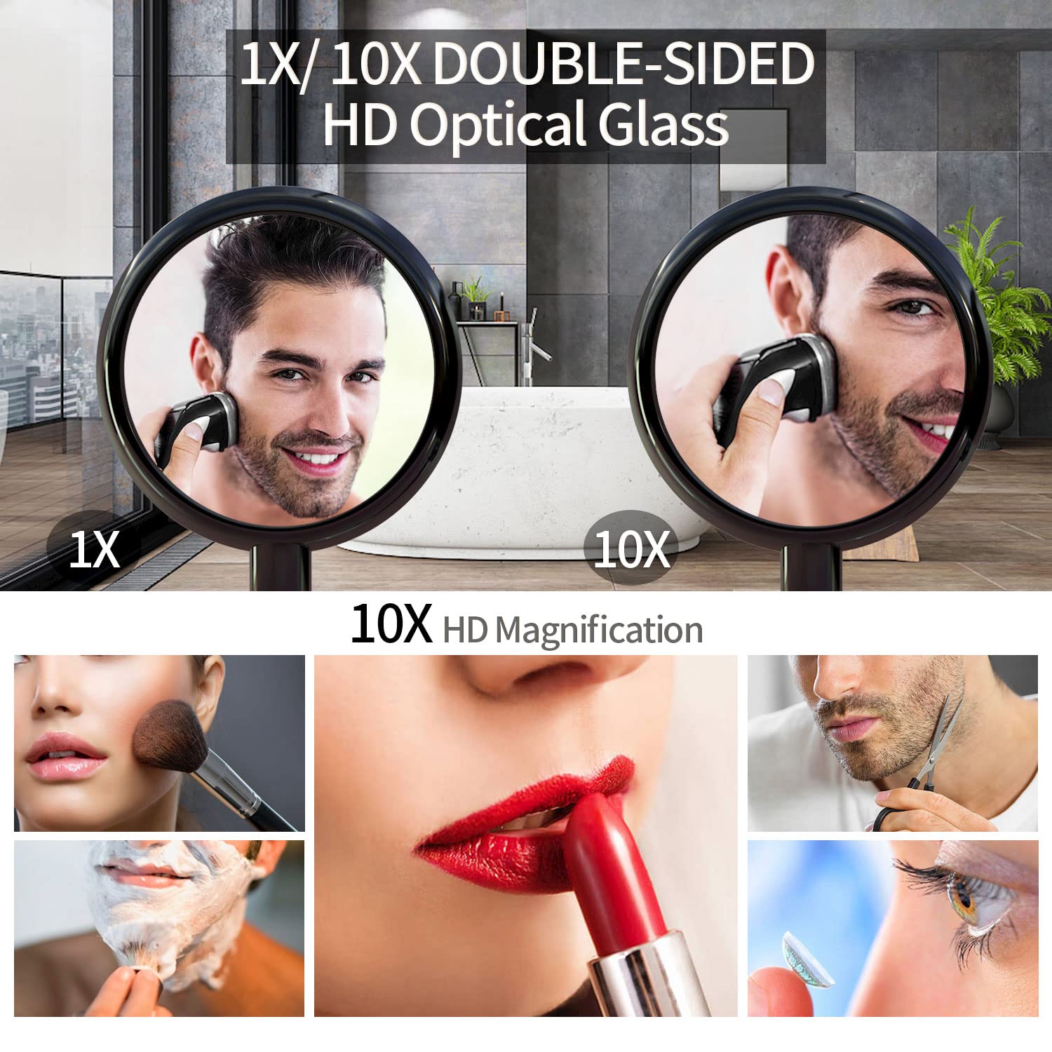 Beautifive Hand Mirror, Hand Held Mirrors with Adjustable Handle,1x/10x Magnifying Double Sided Handheld Makeup Mirror with Stand for Vanity Beauty Travel Table Desk Shaving Bathroom (Black)