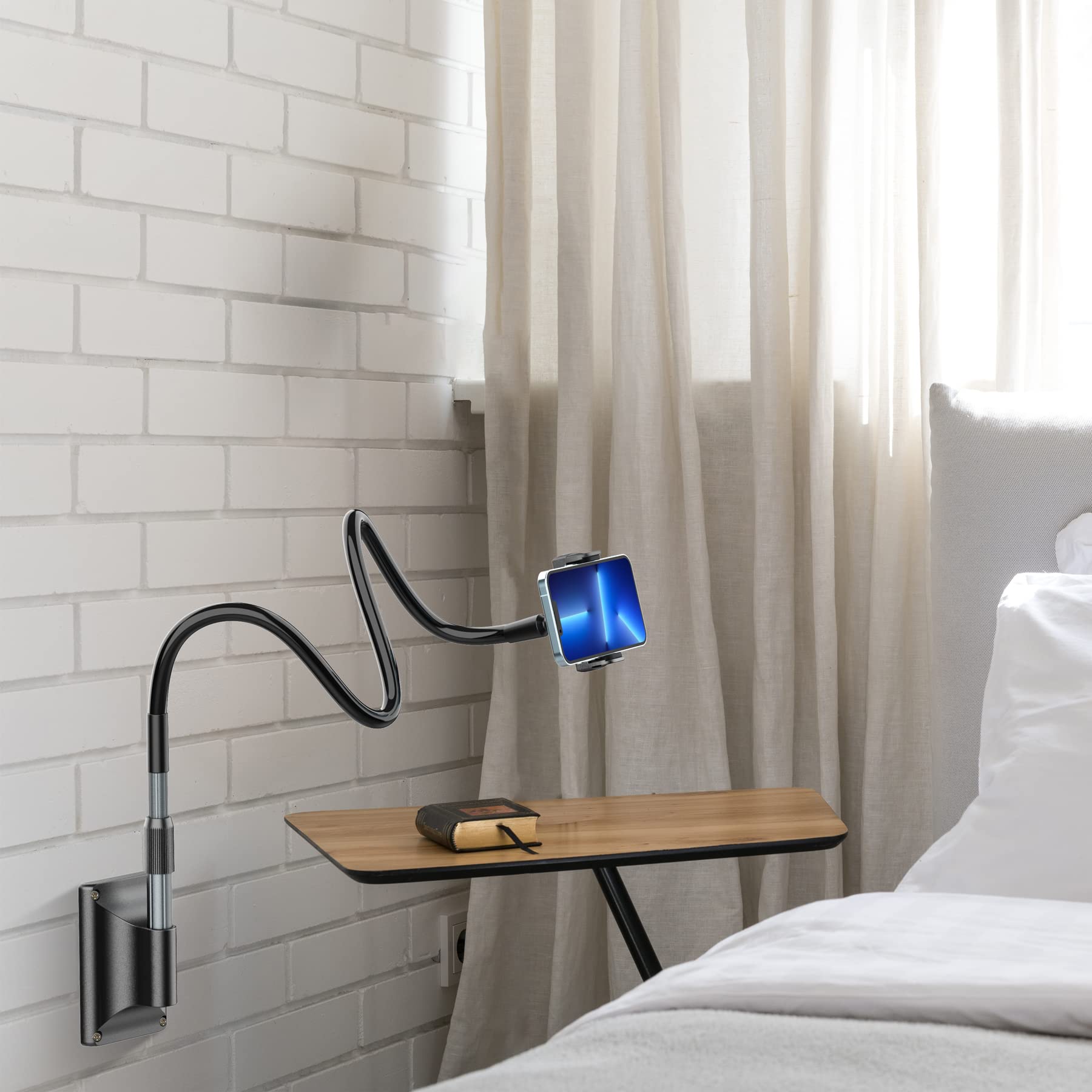 BEATYLIFE Wall Mount Cell Phone Tablet Holder - Flexible Arm Clip Phone Tablet Stand for Bathroom Bedroom Dorm Kitchen Toilet, Compatible with iPhone, iPad, Fire HD, Galaxy Tablet 4.7"-10.5"