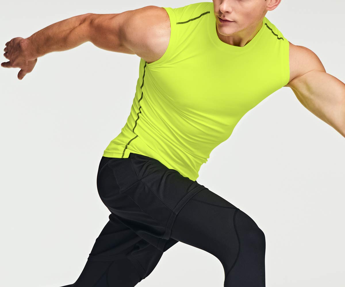 ATHLIO CLSX Men's Sleeveless Workout Shirts, Dry Fit Running Compression Cutoff Shirts, Athletic Base Layer Tank Top, 3pack Sleeveless Tops Neon Yellow/Blue/Red, Medium