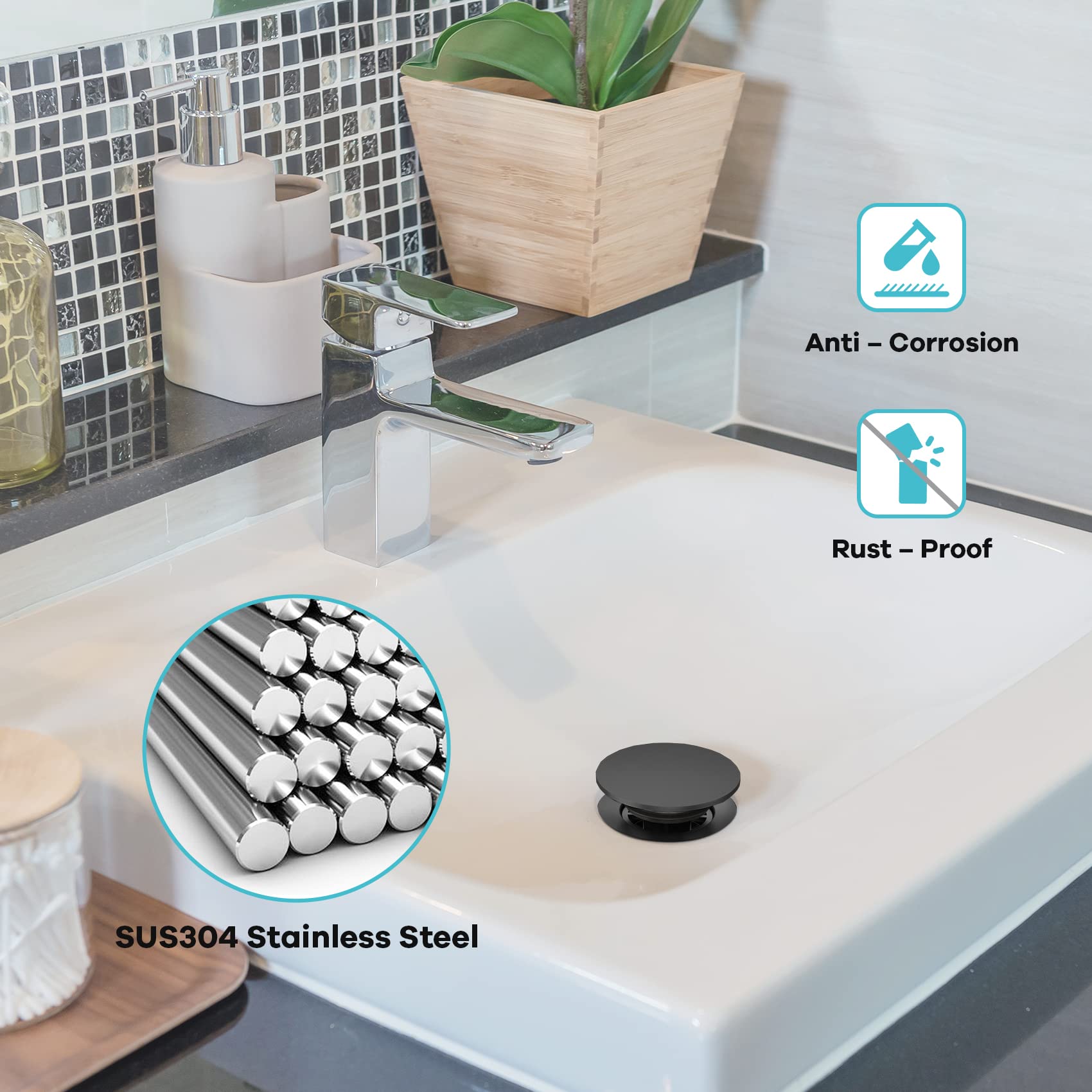 Bathroom Sink Drain with Overflow and Strainer, Bathroom Sink Stopper, Pop up Drain Stopper for Bathroom Sink, Black Sink Drain, Pop up Sink Drain Stopper (Black with Overflow)