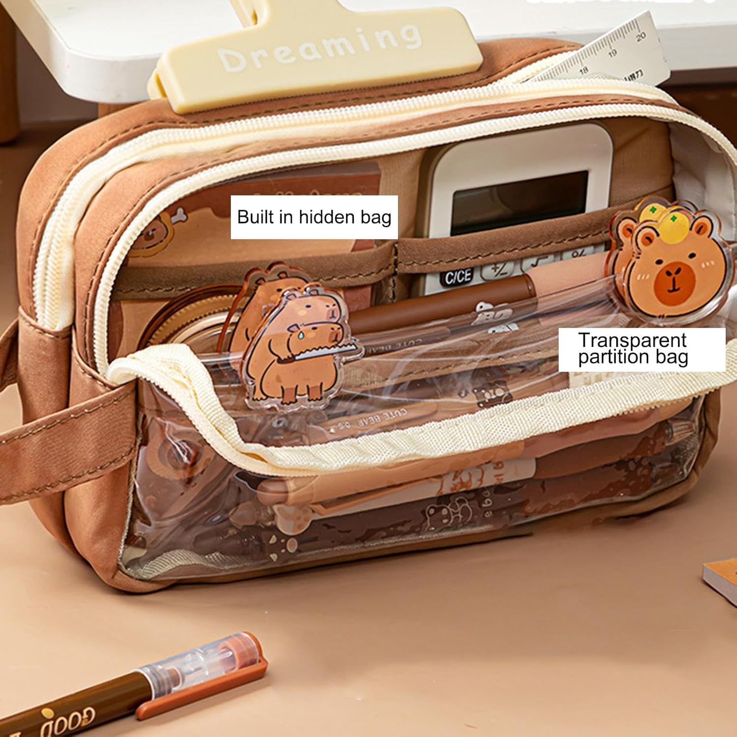Capybara Pen Case, Aesthetic Transparent Pencil Case, Large Zippered Pencil Pouch, Beautiful Pencil Bag, Multi-Layer Large Capybara Pencil Pouch (5th Floor-A)