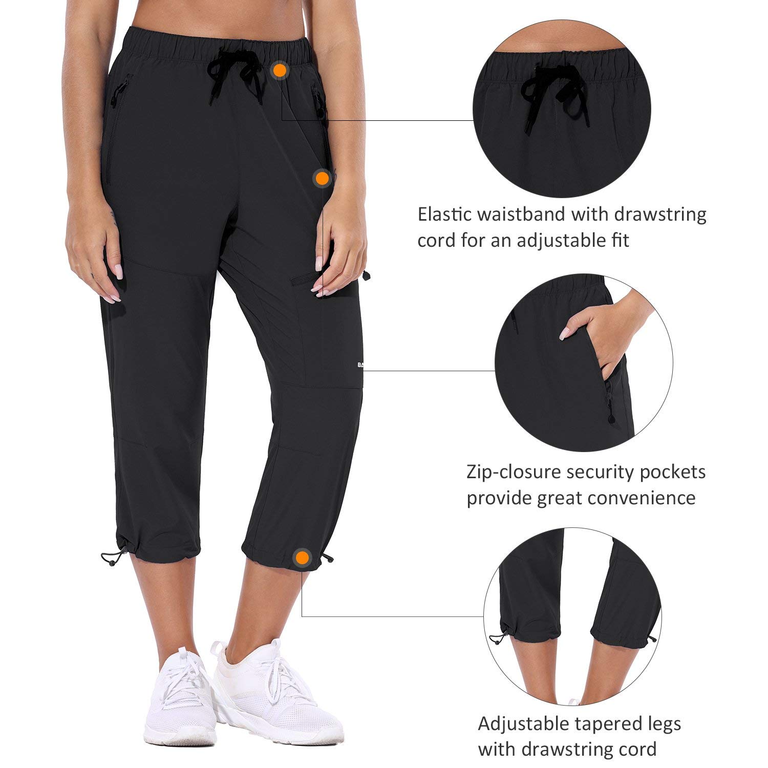 BALEAF Women's Hiking Cargo Capris Outdoor Lightweight Water Resistant Pants UPF 50 Zipper Pockets Black Size M