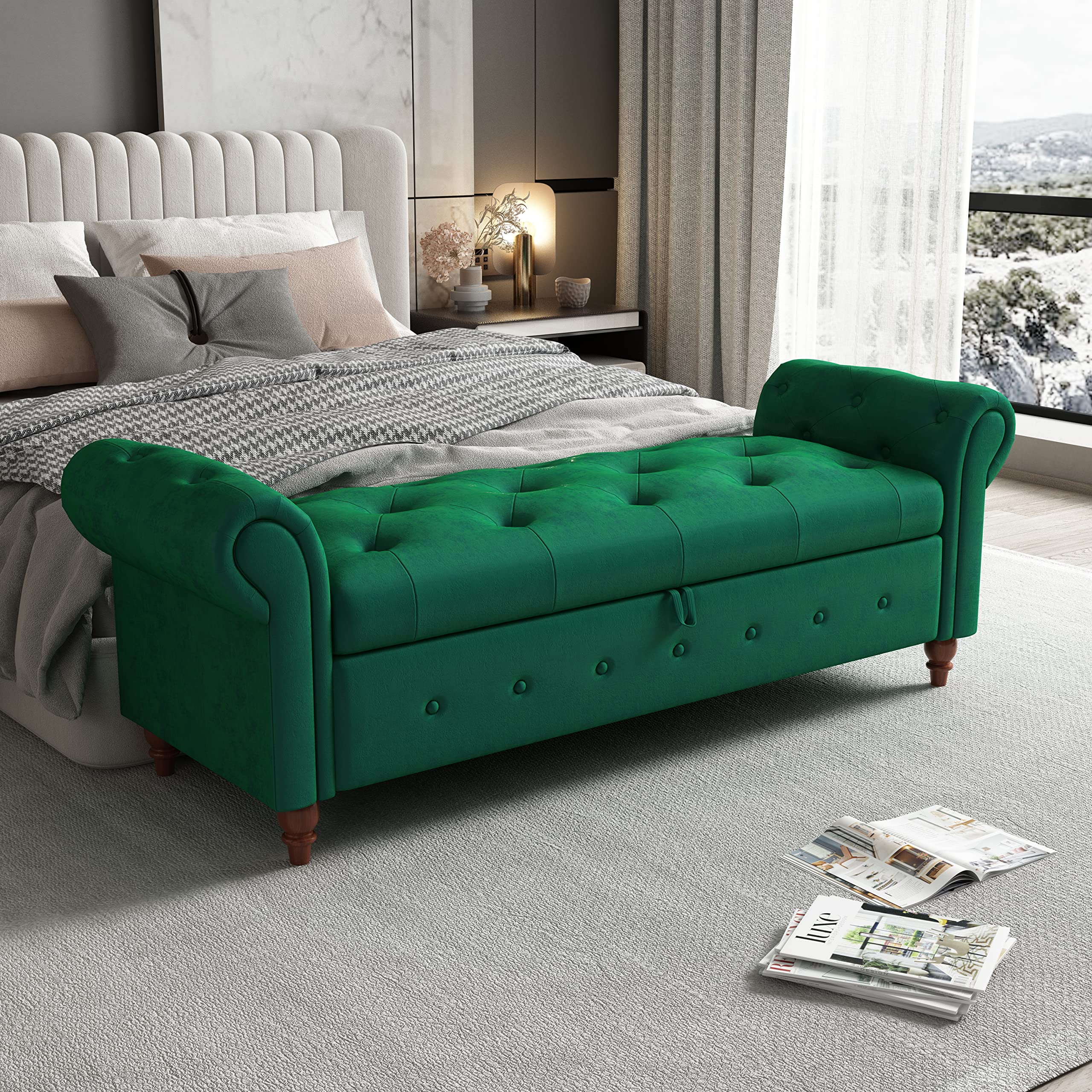 ayoodfo Storage Bench for Bedroom End of Bed, 63" Button Tufted Ottoman Bench, Rolled Armed Couch Long Bench Upholstered Window Bench for Bedroom, Living Room, Entryway, Dark Green