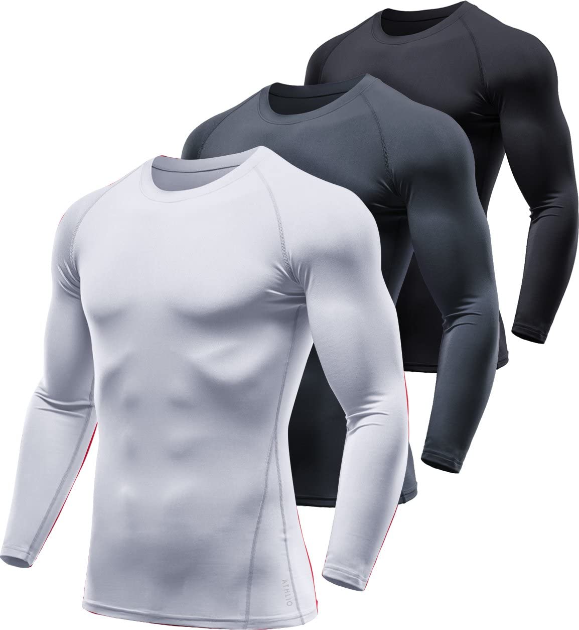 ATHLIO Men's Thermal Long Sleeve Compression Shirts, Winter Gear Sports Base Layer Top, Athletic Running T-Shirt, Active Top 3pack Black/Charcoal/White, Small