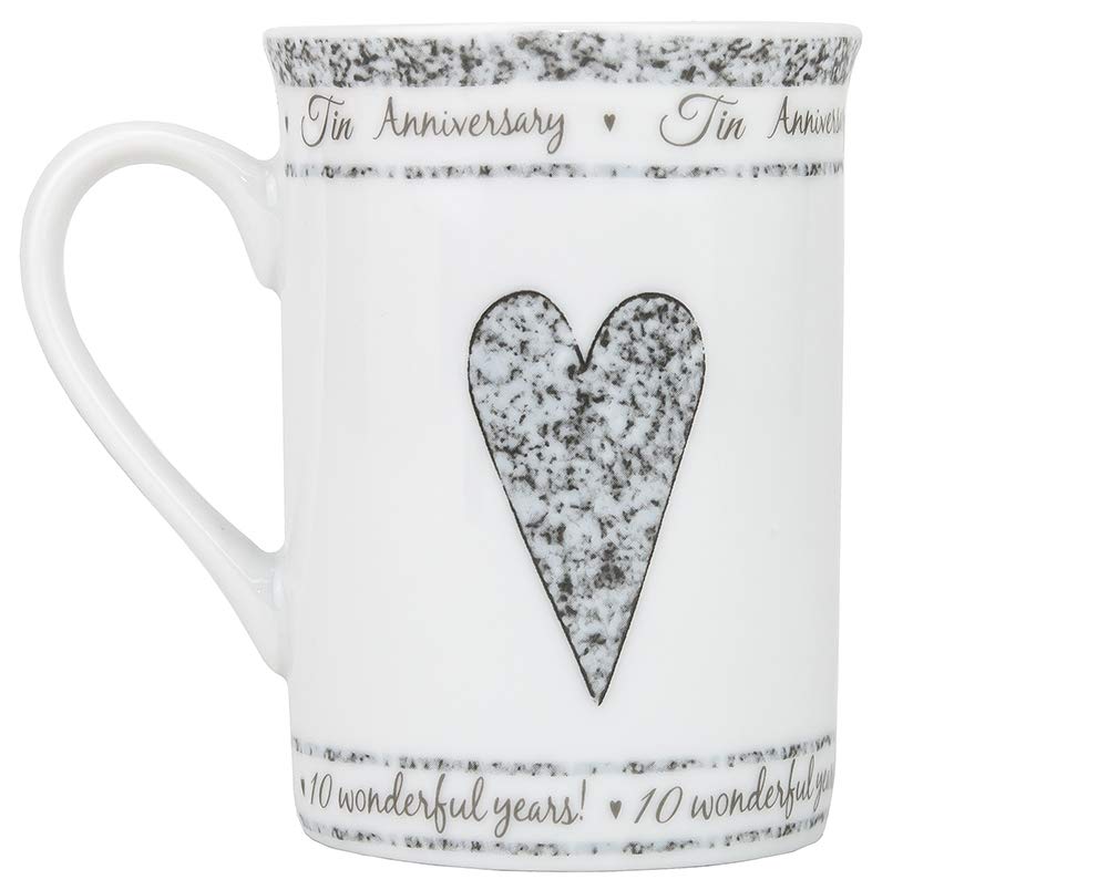 Beautifully Designed 10th Tin Wedding Anniversary Set of Ceramic Mugs with Hearts | Dishwasher and Microwave Safe with Decorative Keepsake Box