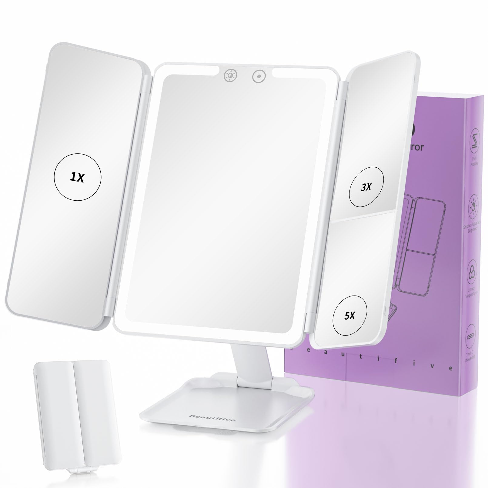 Beautifive Travel Lighted Makeup Mirror with 48 LED Lights, 1X/3X/5X Magnifying Tri-fold Table Mirror, Stepless Dimming and Touch Control, Portable USB Rechargeable Cosmetic Vanity Mirror
