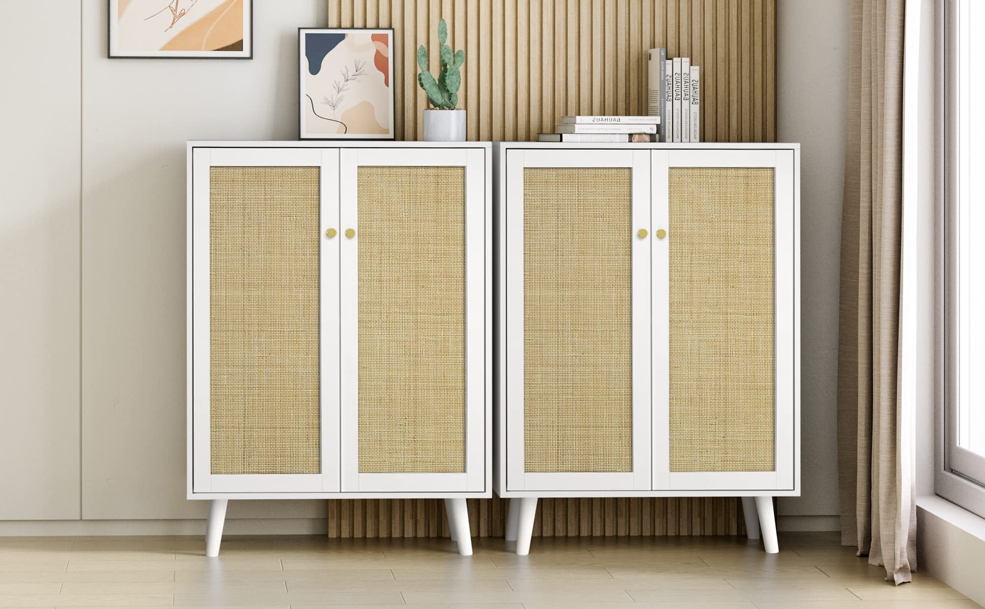 Anmytek Rattan Cabinet, 44" H Tall Sideboard Storage Cabinet with Crafted Rattan Front, Entryway Shoe Cabinet Wood 2 Door Accent Cabinet with Adjustable Shelves White, H0086