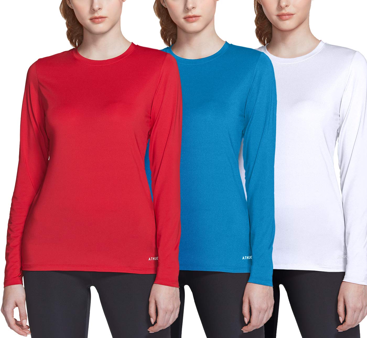 ATHLIO Women's UPF 50+ Long Sleeve Workout Shirts, UV Sun Protection Running Shirt, Dry Fit Athletic Tops, Round Neck 3pack Shirts Teal/White/Red, Large