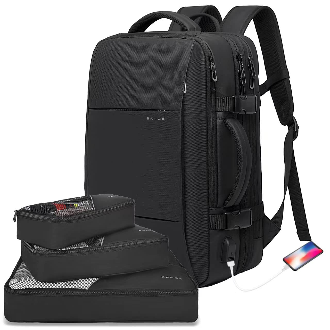 BANGE 45L Carry On Backpack, Weekender Travel Backpacks, 17.3 inch Laptop Back Pack Business Expandable Bag for Men and Women (Blake45L(with3cubes)) , Black-45l(with3cubes)