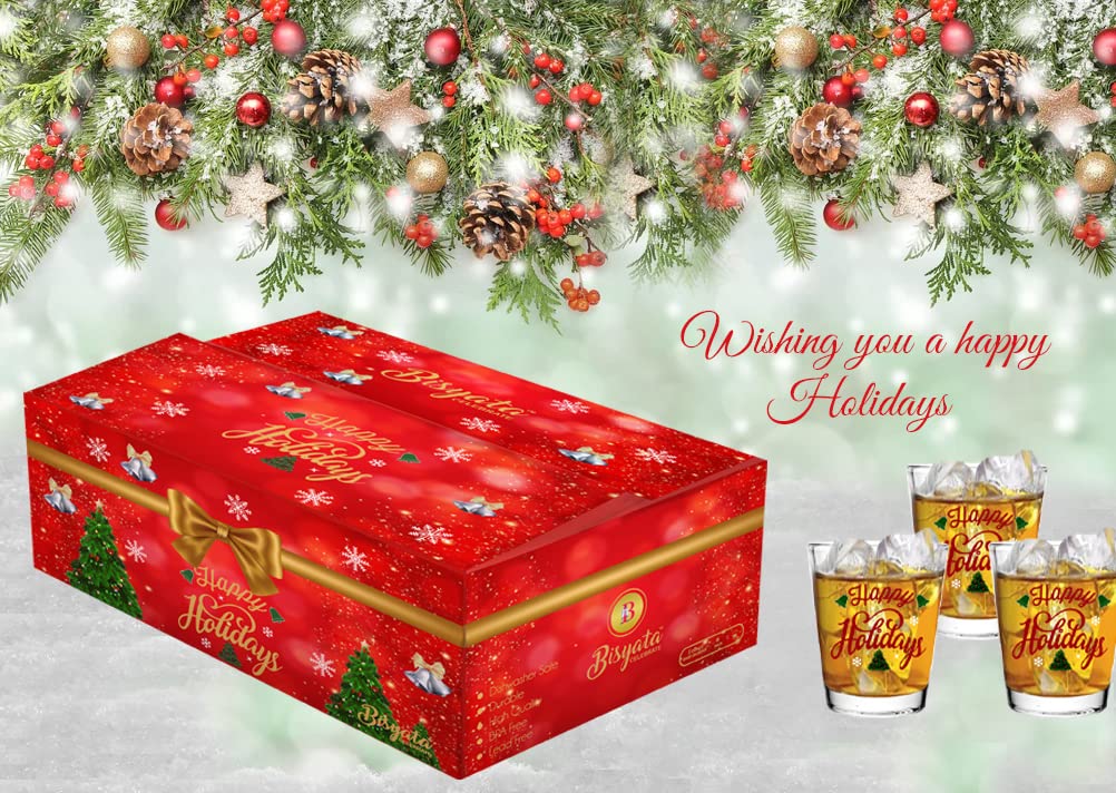 Bisyata christmas Shot Glass Gift Set -Happy Holidays- Glasses Drinkware or Votive Candle Holder for Thanksgiving or christmas Table Decoration - 2oz Set of 6 - With Gift Box