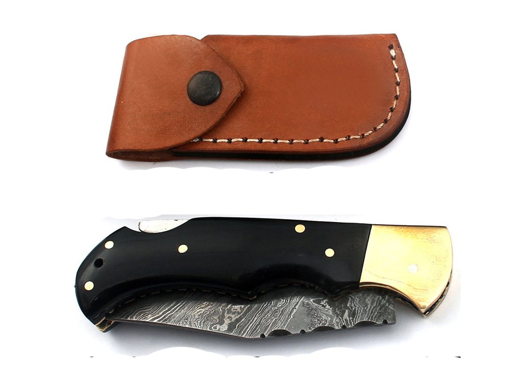 Beautiful 6.5'' Damascus Steel Brass Bloster Folding Knife Back Lock with Buffalo Horn Handle H-05