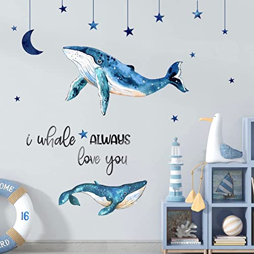 Yovkky Blue I Whale Always Love You Wall Decals Stickers, Peel and Stick Neutral Sea Ocean Animal Moon Stars Nursery Decor, Colorful Bedroom Home Decorations Kids Baby Boys Girls Playroom Art Gifts