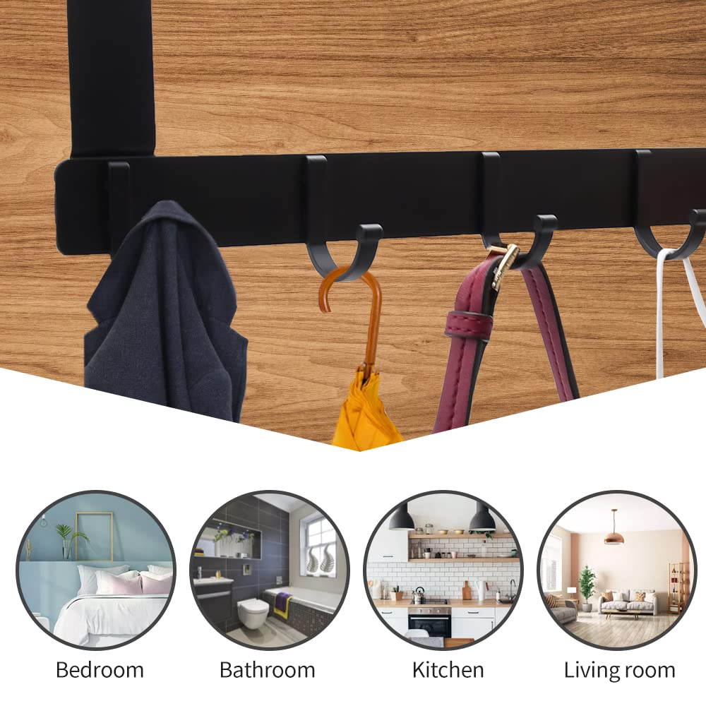 AYQWE Over The Door Hook, 5 Hooks Heavy-Duty Over Door Hanger, Space Saving Over Door Organizer Rack for Hanging Coat, Towel, Bag, Robe, Aluminum (1pcs Short Black)