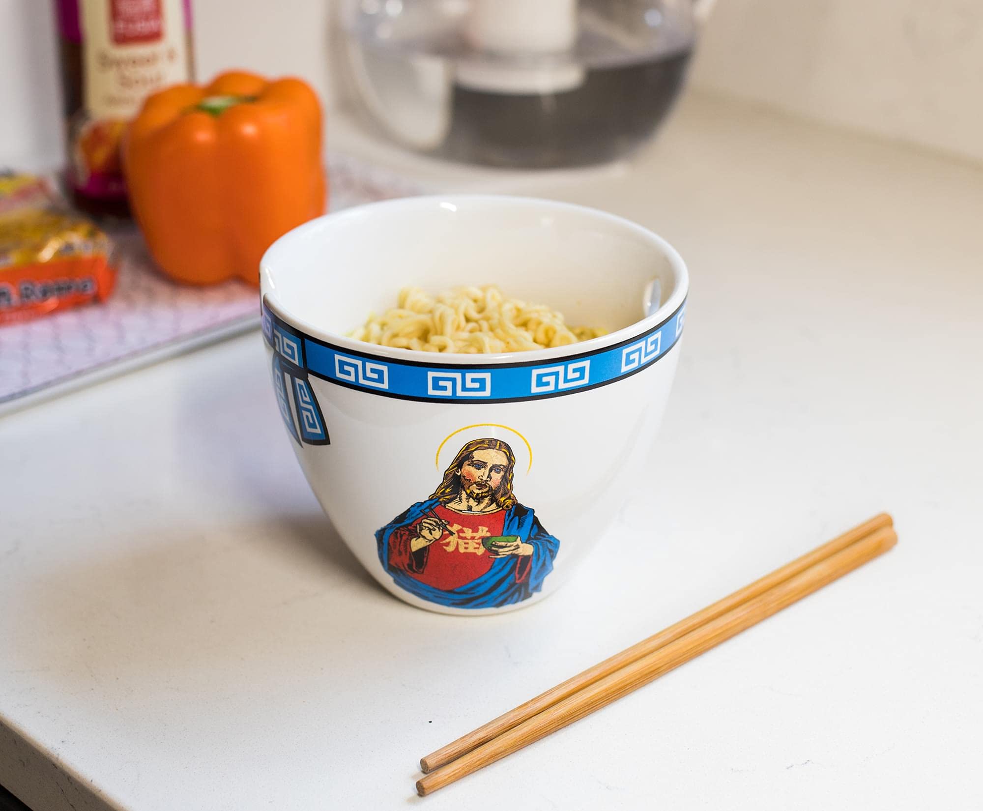 Bowl Bop Jesus Can I Get A Ramen? Japanese Ceramic Dinnerware Set | Includes 16-Ounce Ramen Noodle Bowl and Wooden Chopsticks | Asian Food Dish Set for Home & Kitchen | Funny Religious Gifts