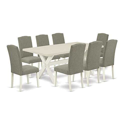 East West Furniture X027EN206-9 9-Piece Dinette Set - a Beautiful Modern Dining Table - 8 Lovely Parson Dining Chairs Nail Heads and High Back (Linen White Finish)